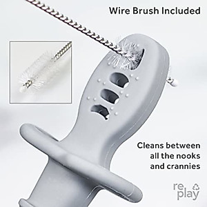 Sustainables by Re-Play Silicone Dip n ReDip Feeding Tool with Wire Brush Cleaning Tool - Made with Medical-Grade Platinum Silicone - Grey - 3 Pack