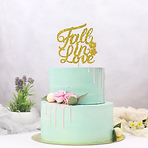 Gold Glitter Fall in Love Cake Topper - Fall Themed Wedding/Wedding Anniversary/Bridal Shower Party Decorations