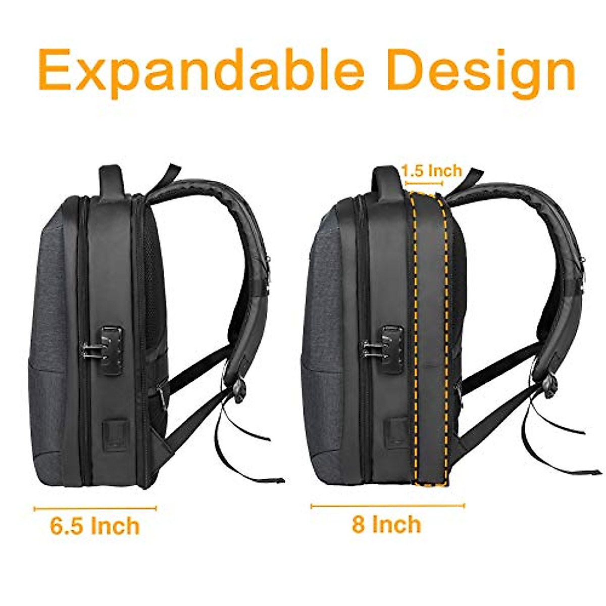 Anti Theft Hard Shell Laptop Backpack 15.6 Inch, Waterproof Expandable Business Computer Backpack with USB Charging Port and Lock for Men, Women Durable College Student Bookbag Travel Daypack, Black