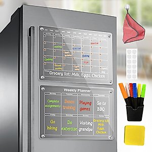 VELVAR Magnetic Calendar For Fridge, 16” x 12” inches Acrylic Calendar, Set of 2 Monthly and Weekly Acrylic Planner, Clear Calendar for Fridge with 6 Marker Colors, Magnetic Eraser and Wiping Cloth