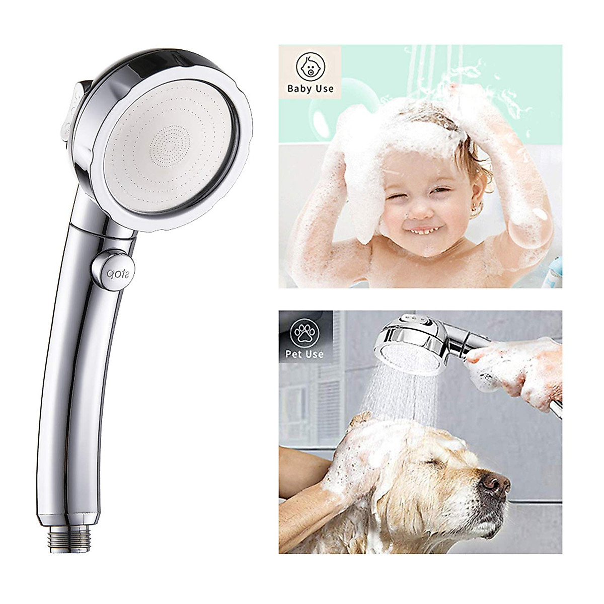 KAIYING Chrome High Pressure Handheld Shower Head with ON/OFF Pause Switch, 3 Spray Modes Shower Wand with Shut Off Button, Removable Camper Shower Head with Hose and Adjustable Angle Bracket