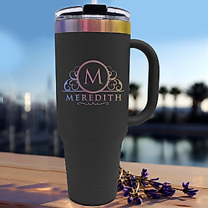 Custom Monogrammed 40 oz Tumbler with Handle, Lid and Straw - Personalized Insulated Stainless Steel Large Cup (Black with Prism)