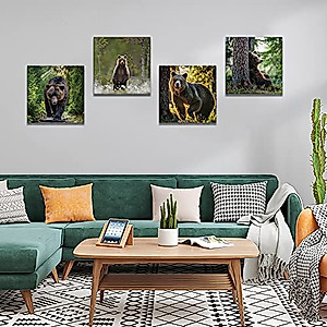 OTOSTAR 4 Pieces Wall Art Canvas Prints - Forest and Bear Picture Painting - Modern Wall Artwork Framed for Gifts Bathroom Home Kitchen Office Decor - 12 x 12 Inch