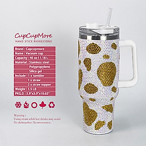 Cupcupmore 40oz Golden Cow Bling Rhinestone Stainless Steel Sippy Tumbler Glitter Vacuum Insulated Water Bottle with Straw & Lid & Handle,Thermos for Hot & Cold Drinks,Car Cup Holder,Coffee