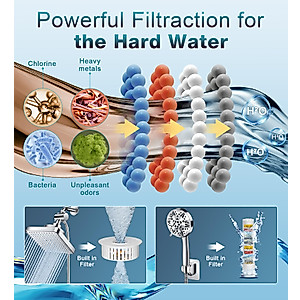 Dual Filtered Rain Shower Head Combo, High Pressure 9 Modes Handheld Shower Head Built in Power Spray, 6 inch Rainfall Shower Head with Filter for Hard Water