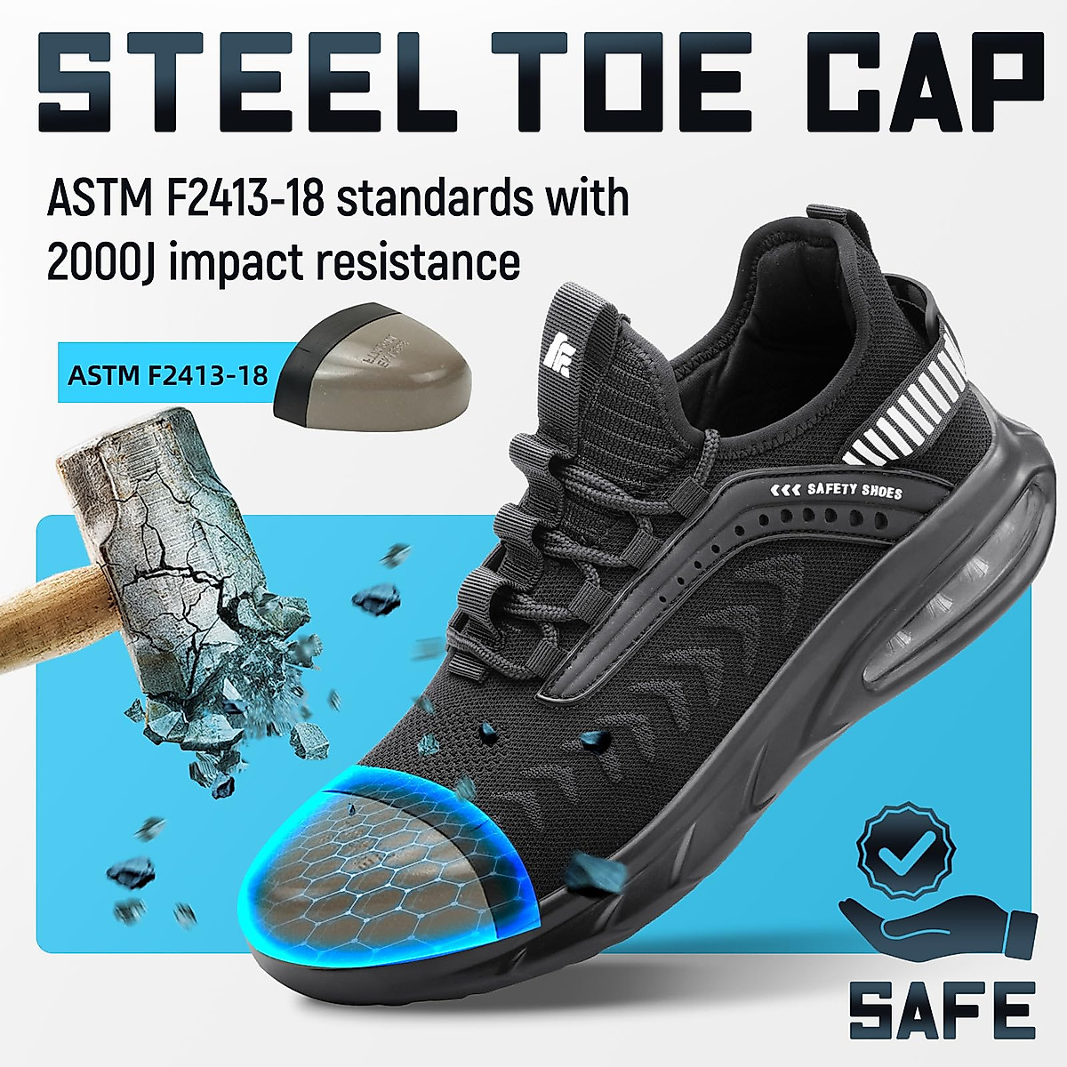 Steel Toe Shoes for Men Work Women Lightweight Air Cushion Sneakers Slip Resistant Safety Work Boots Indestructible Shoes Black