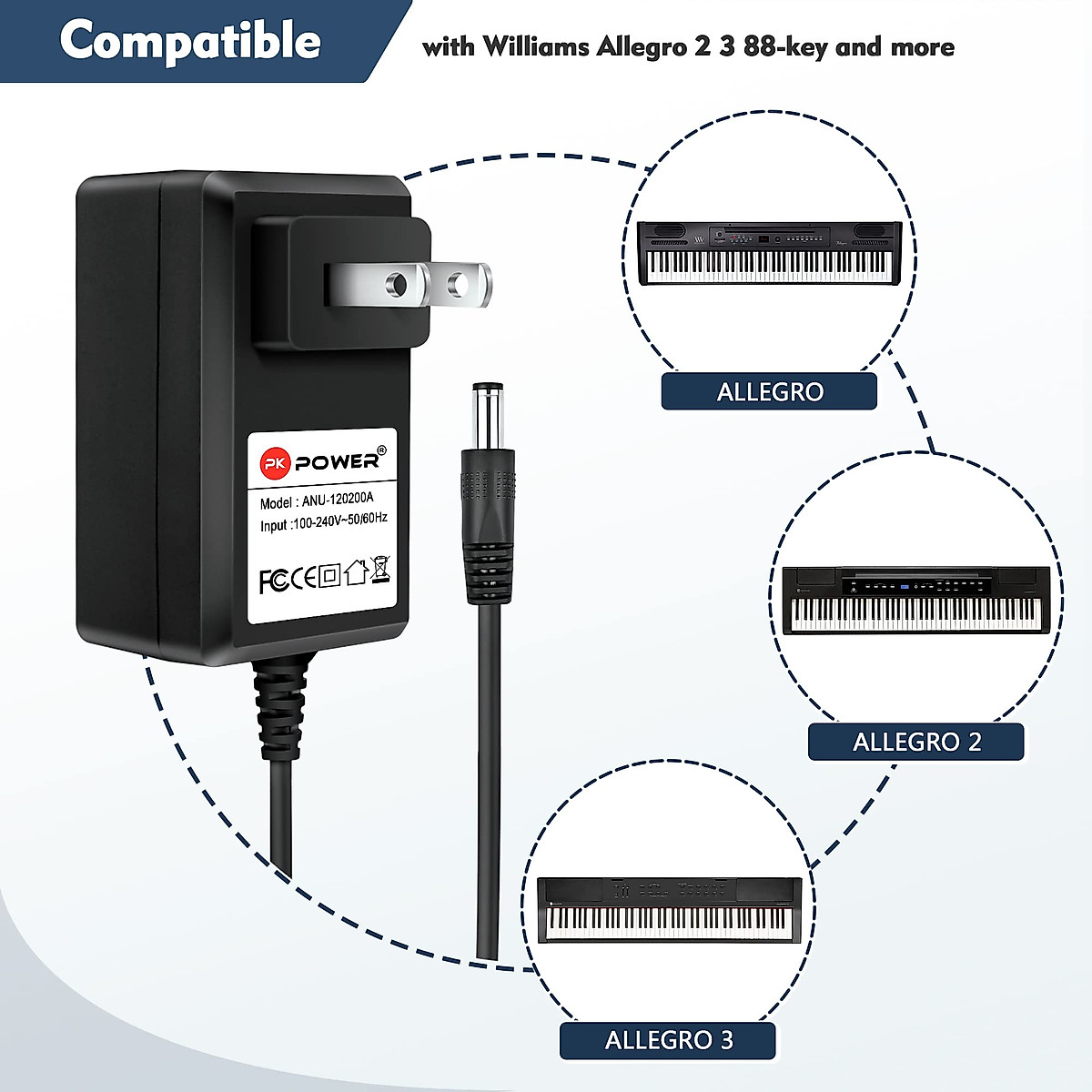 PKPOWER AC Adapter for Yamaha Ydp-131 Ydp-213 YDP-S30 YDP-140 YDP-141 YDP-142 YDP142 YDP-S31 Keyboard, Power Supply for Williams Allegro 1 2, Legato 88-Key Digital Piano Wall Home Charger