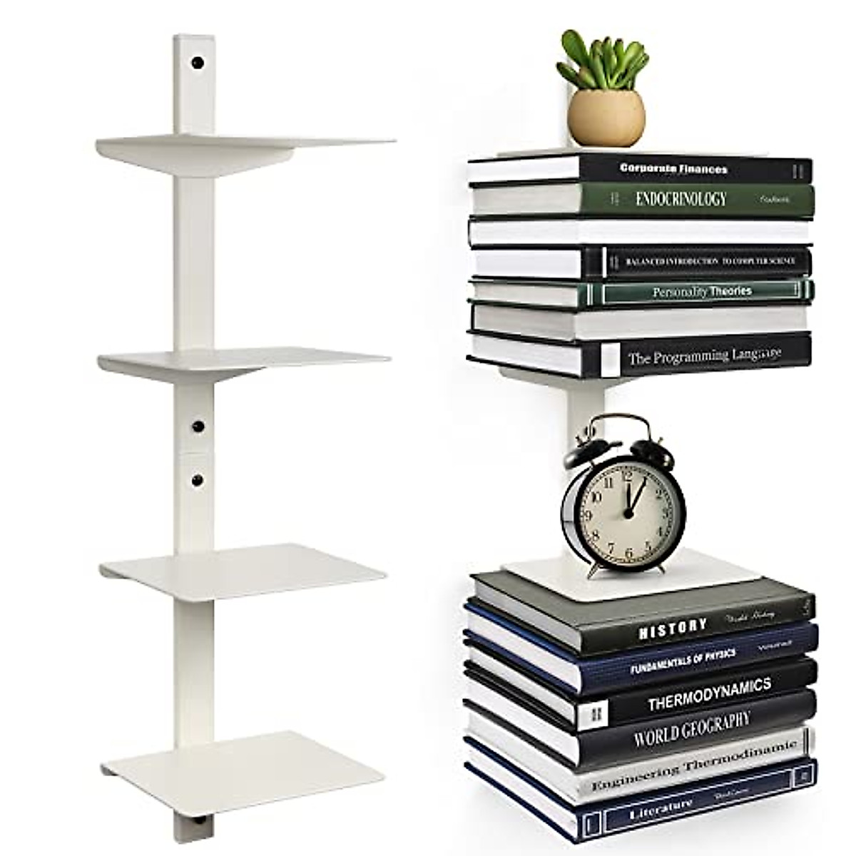 ART-GIFTREE Invisible Floating Bookshelf for Wall Mounted, 4 Tier Vertical Spine Book Tower, 2 Pack White