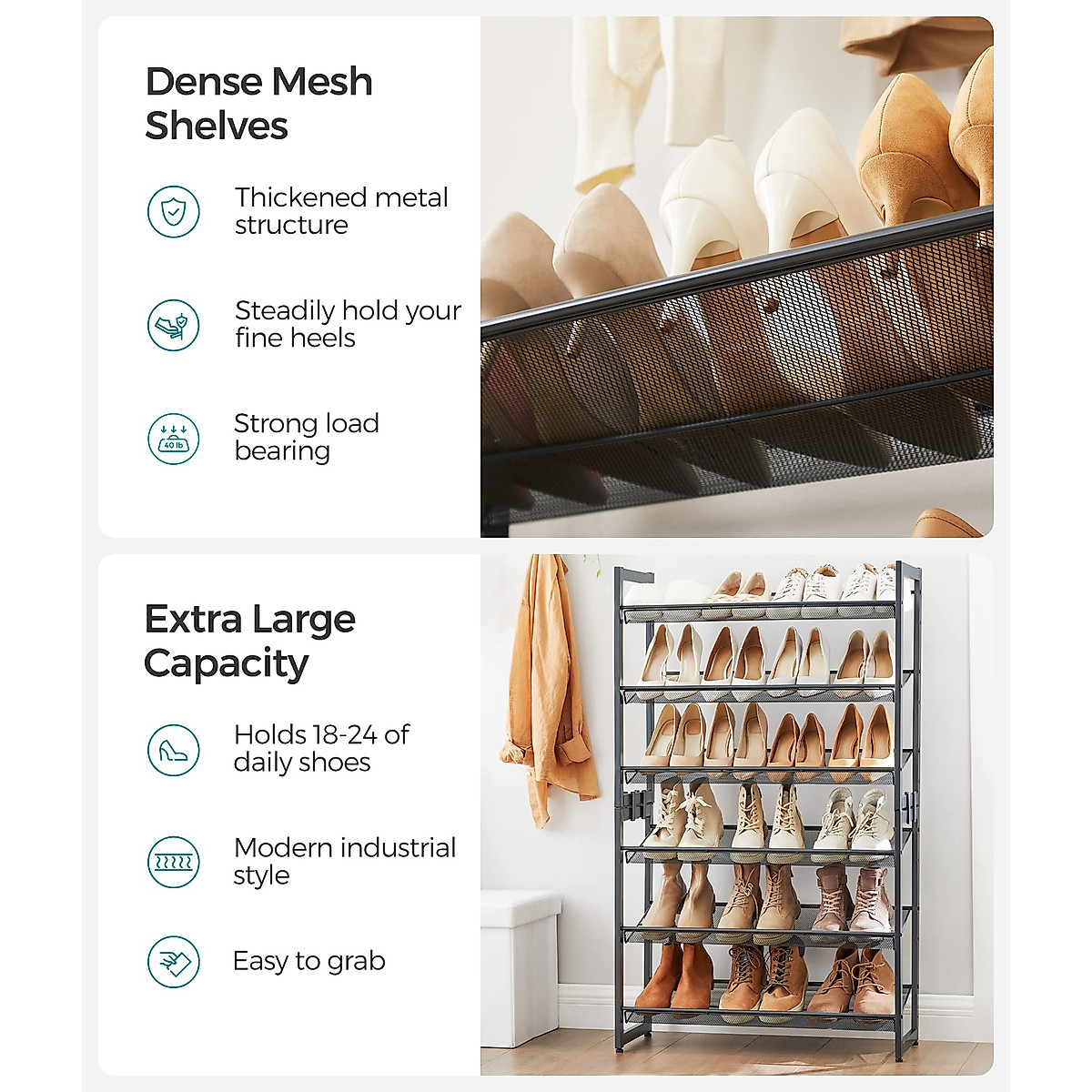 SONGMICS 6-Tier Shoe Rack Storage, Metal Shoe Organizer Stand for Garage, Entryway, Set of 2 3-Tier Stackable Shoe Rack Shelf, with Adjustable Flat or Angled Shelves, Holds 18-24 Pairs, Grey