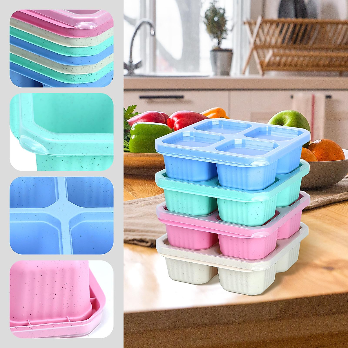 TKOnline Set of 8 Bento Snack Boxes, Meal Prep Container, 4 Compartments Leakproof Food Prep Containers for School, Work and Picnic
