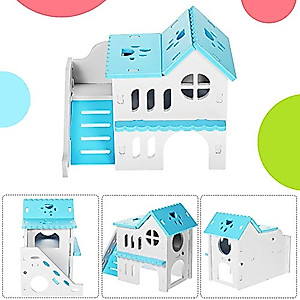 5 Pieces Hamster Toys Include Wooden Hamster House Guinea Pig Hideout Rainbow Bridge Hamster Seesaw Hamster Swing Hamster Exercise Circle Toy Suitable for Small Animals (Blue,6.3 x 3.93 x 5.5 Inch)