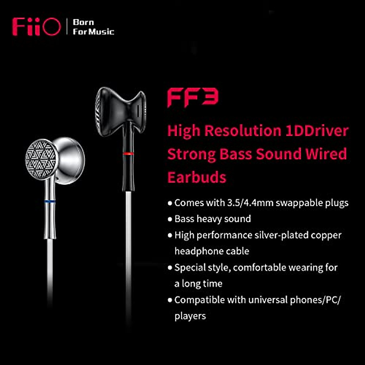FiiO FF3 Headphones Earbuds Wired Deep Bass 1DD High Resolution Earphones Comes with 2.5/3.5/4.4mm Swappable Plugs Lossless Sound for Smartphones/PC/Laptop/Tablet(Black)