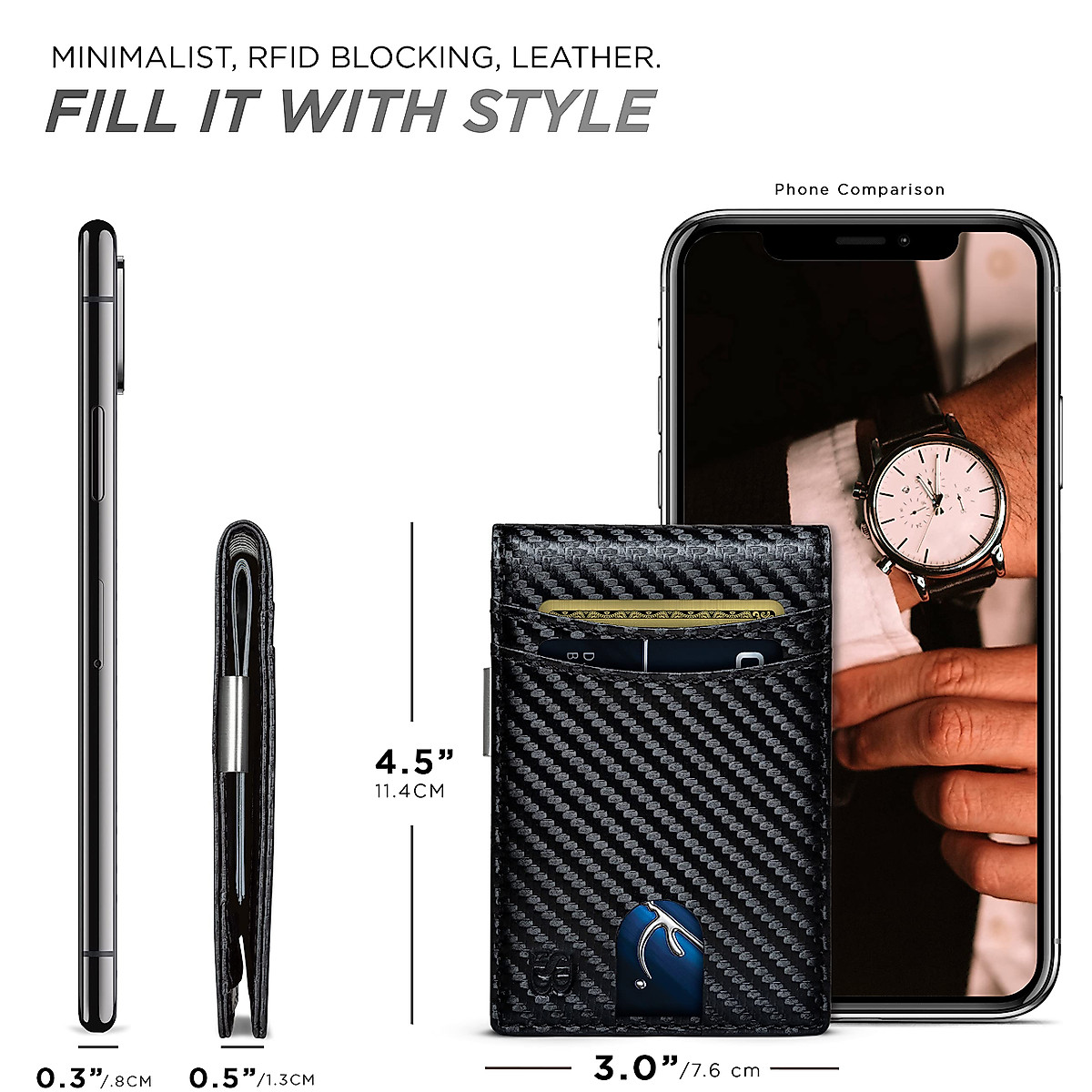 SERMAN BRANDS Mens Money Clip Wallet. RFID Blocking Slim Front Pocket Wallets for Men, Full Grain Leather RFID Minimalist Card Holder (Modern Black Navigator)