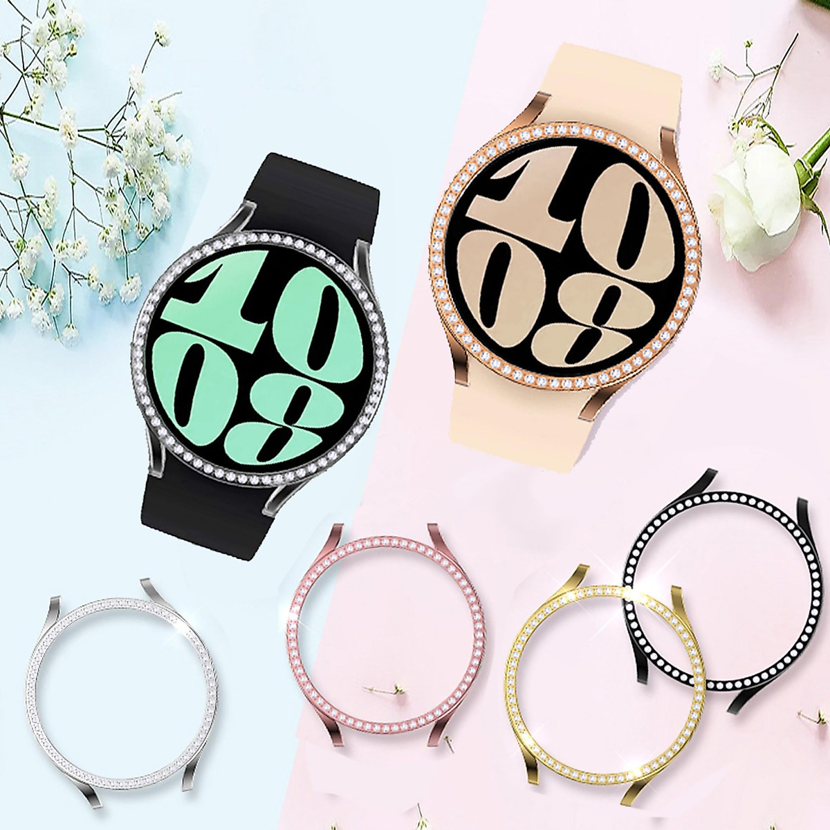 ALMNVO [4+4 Pack Bling Case for Samsung Galaxy Watch 6 Screen Protector 40mm, Tempered Glass Glitter Diamond Bumper Face Cover for Galaxy Watch 6/5/4 Accessories 40mm Galaxy Watch Case for Women