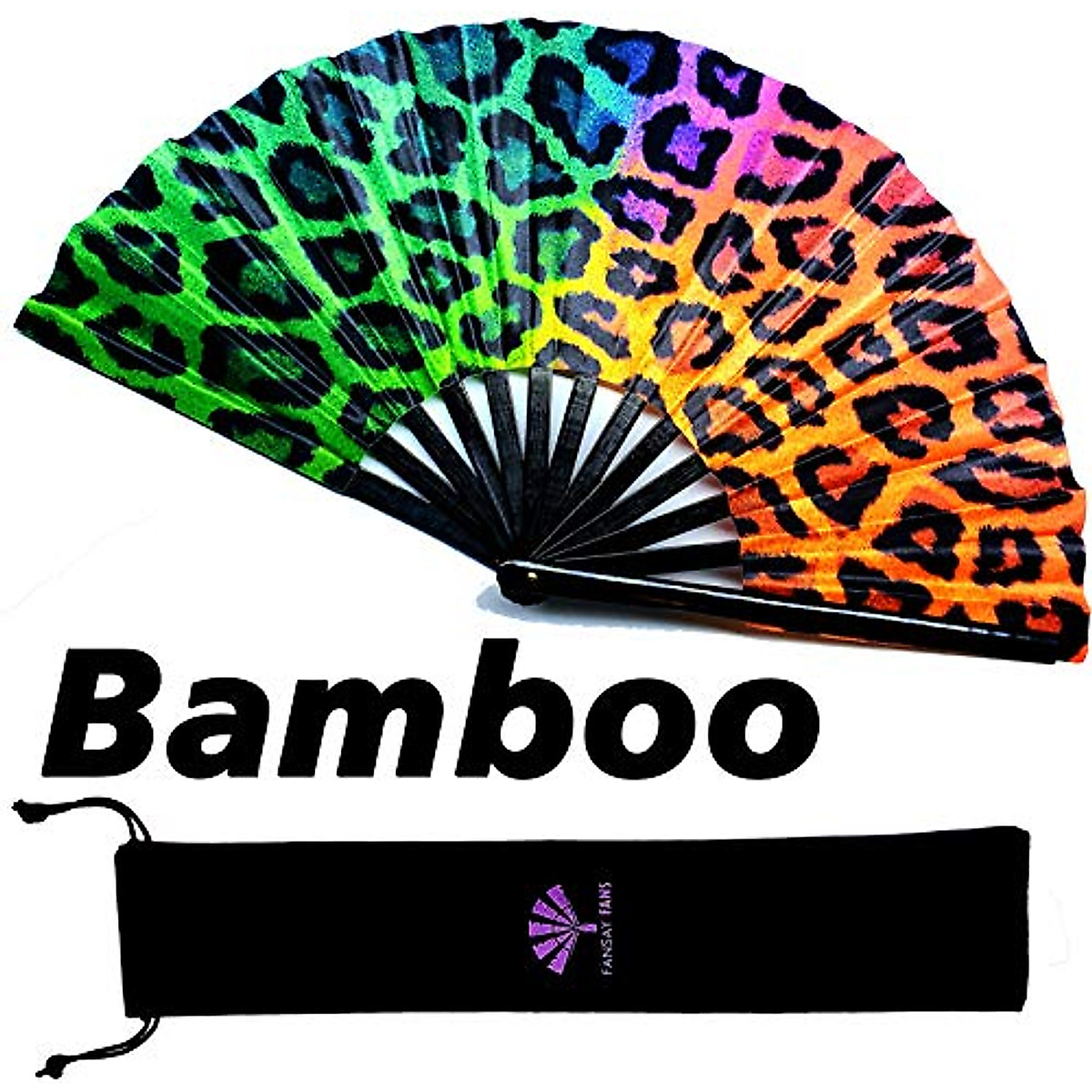 Fansay Fans - Large Hand Folding Fan for Men/Women Chinese/Japanese Bamboo with Leather Cloth Fabric Dance Festival Fan Handheld Folding Fans (Rainbow Cheetah)