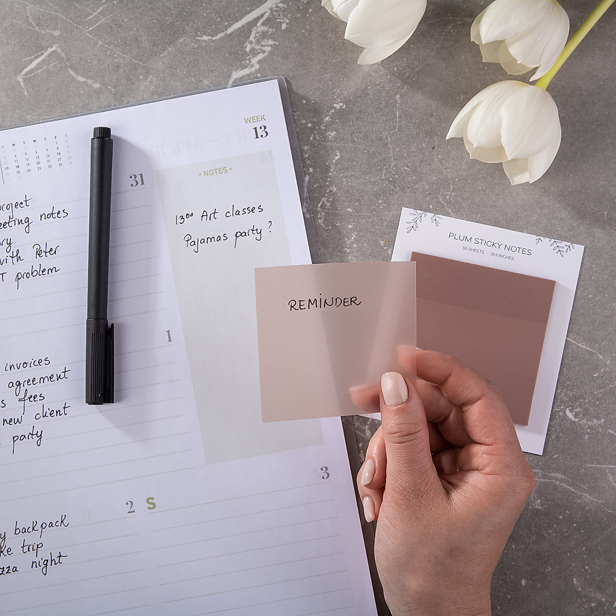 DiverseBee 50 Sheets Pastel Transparent Sticky Notes, 3x3” Clear Sticky Tabs, Translucent Page Flags Book Markers Stickers, Planner Accessories, Bible Journaling Study Office School Supplies (Plum)