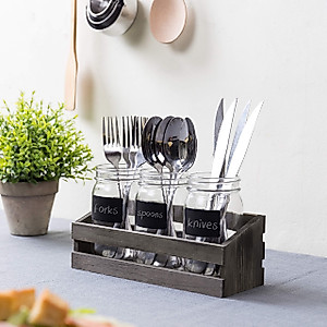MyGift Gray Solid Wood Kitchen Countertop Flatware Utensil Holder, Casual Dining Flatware Caddy with 3 Mason Jars and Chalkboard Labels