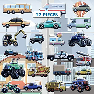 Cars and Trucks Window Clings for Kids & Toddlers (by Jesplay USA - Reusable Window Stickers Gels & Decals) Puffy Sticker Activites for Car Plane Home - Police, Race Cars, Monster, Tow, Fire Truck