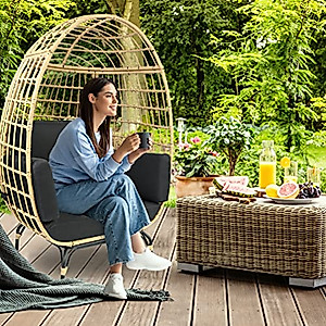 Wicker Rattan Egg Chair, Indoor Outdoor Black Sofa Chair for Patio Backyard and Living Room with 4 Cushions and Powder Coated Steel Frame, Woven Texture Contemporary Ribbed Back Design