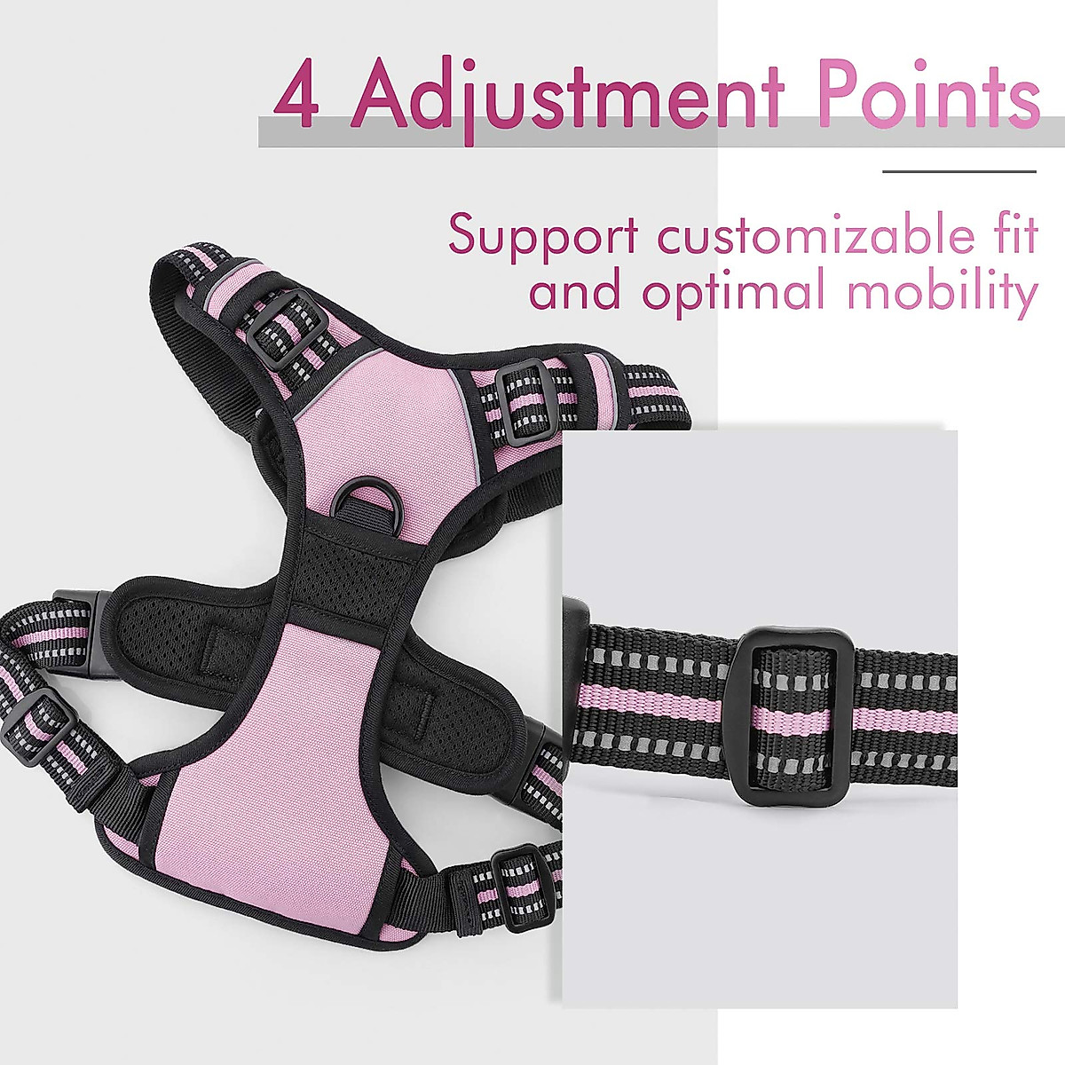 rabbitgoo No-Pull Pet Harness with 2 Leash Clips, Adjustable Soft Padded, Reflective No-Choke Pet Oxford Vest with Easy Control Handle for Large Dogs, Pink, L