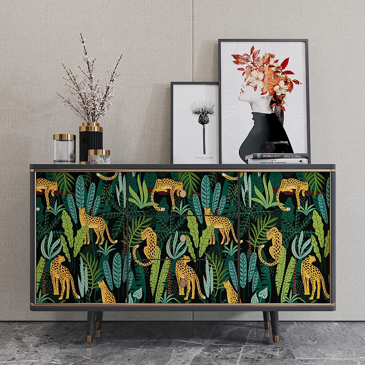 CHIHUT Leopard King Peel and Stick Wallpaper Self Adhesive Removable Jungle Animal Wallpaper Tropical Green Leaf Contact Paper Waterproof Wall Paper Decorative Vinyl Roll for Walls Cabinets 17.7”x100”