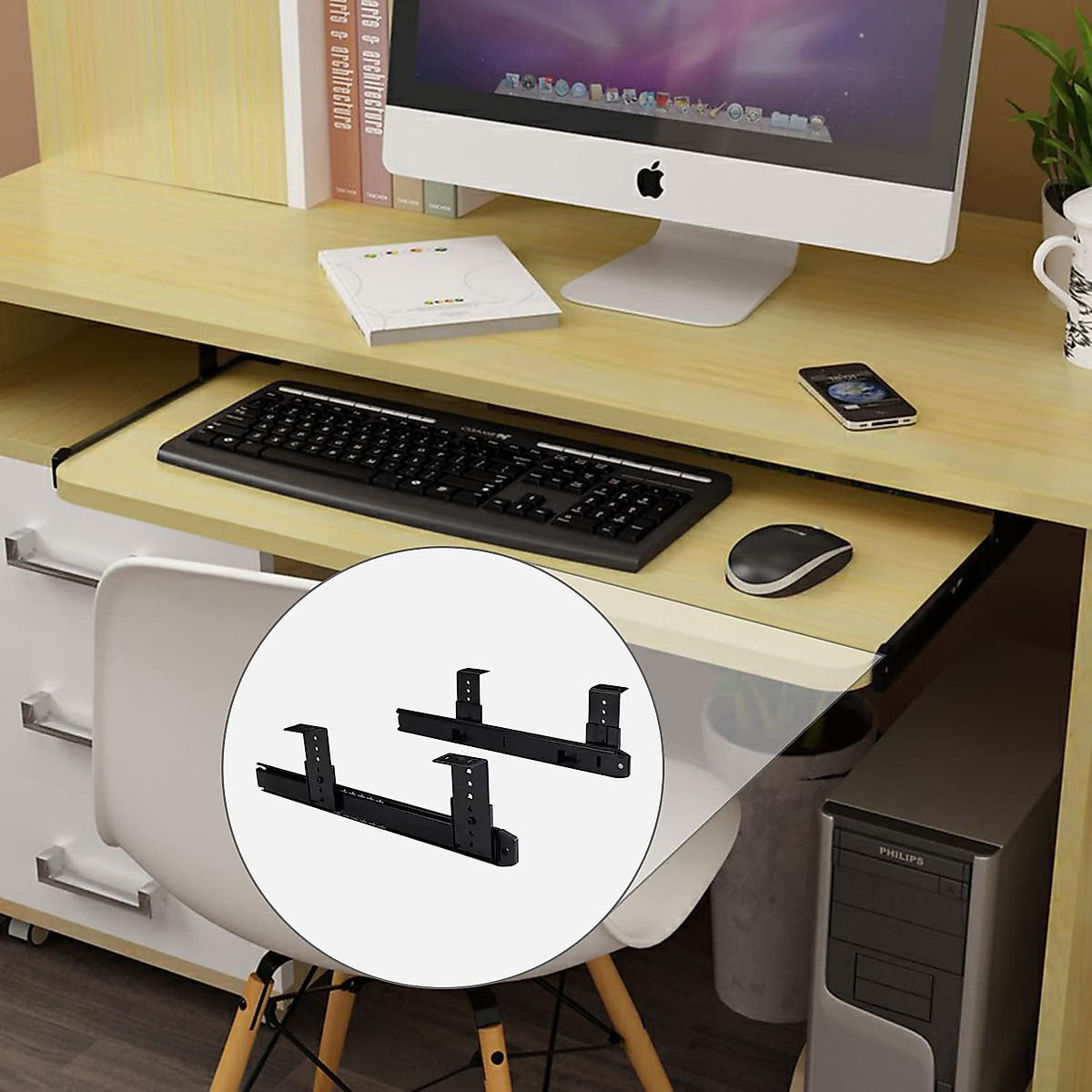 Yogui Home Living YHL Under Desk Keyboard Tray Slides Hardware (Without Tray) | 14 Inch Black Slide Adjustable Height Ball Bearing Drawer Mounting Rails with Screwdriver