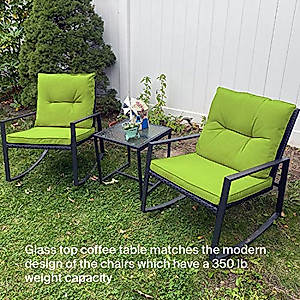 Pyramid Home Decor 3-Piece Rocking Bistro Set - Durable & Stylish Synthetic Wicker Outdoor Furniture - Glass Coffee Table with 2 Chairs for Balcony, Patio & Porch - Black Metal, Soft Green Cushions