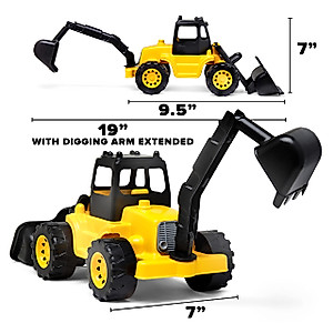 Dragon Drew Backhoe Toy Construction Truck | Front Loader and Excavator Scoop Truck for Kids and Toddlers