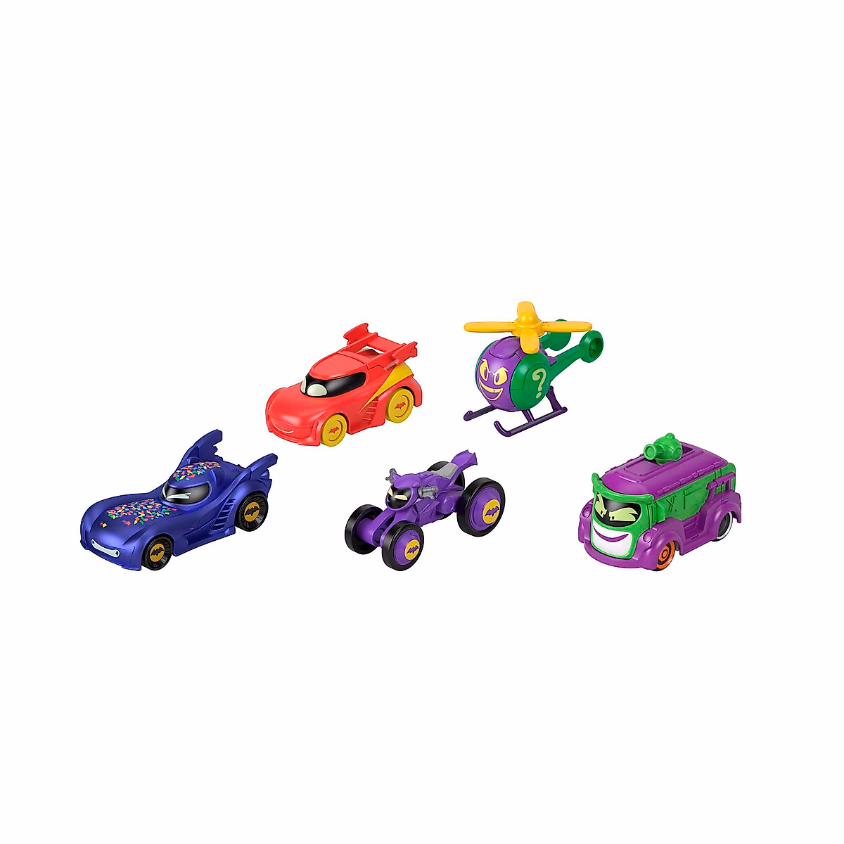 Fisher-Price DC Batwheels 1:55 Scale Toy Cars 5-Pack, Bam Batmobile Redbird Prank Bibi & Quizz, Batcast Metal Diecast Vehicles, Ages 3+