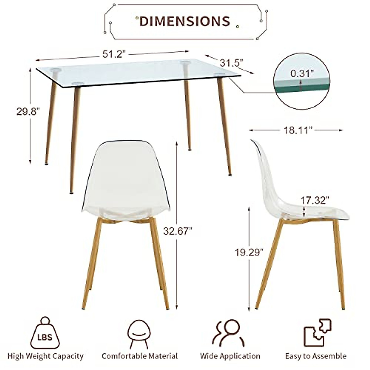 Glass Dining Table Set for 4, 51 inch Dining Table & Chair Sets with Light Wood Metal Legs for Kitchen, Modern Rectangle Tempered Glass Table Top and Transparent Plastic Dining Chair for Dining Room