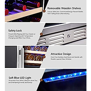 Kalamera 24'' Wine Cooler Refrigerator 46 Bottle Dual Zone Built-in or Freestanding Fridge with Stainless Steel & Triple-Layer Tempered Reversible Glass Door and Temperature Memory Function