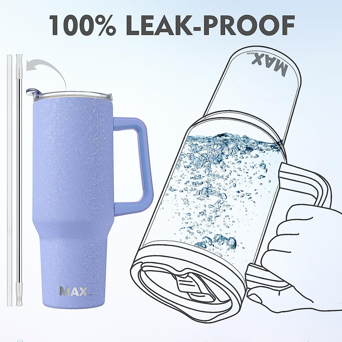 MaxBase 40 Oz Shiny Tumbler with Handle and Straw Lid, Insulated Reusable Stainless Steel Travel Mug Keeps Drinks Cold up to 34 Hours, 100% Leakproof Bottle (Crack-Blue)