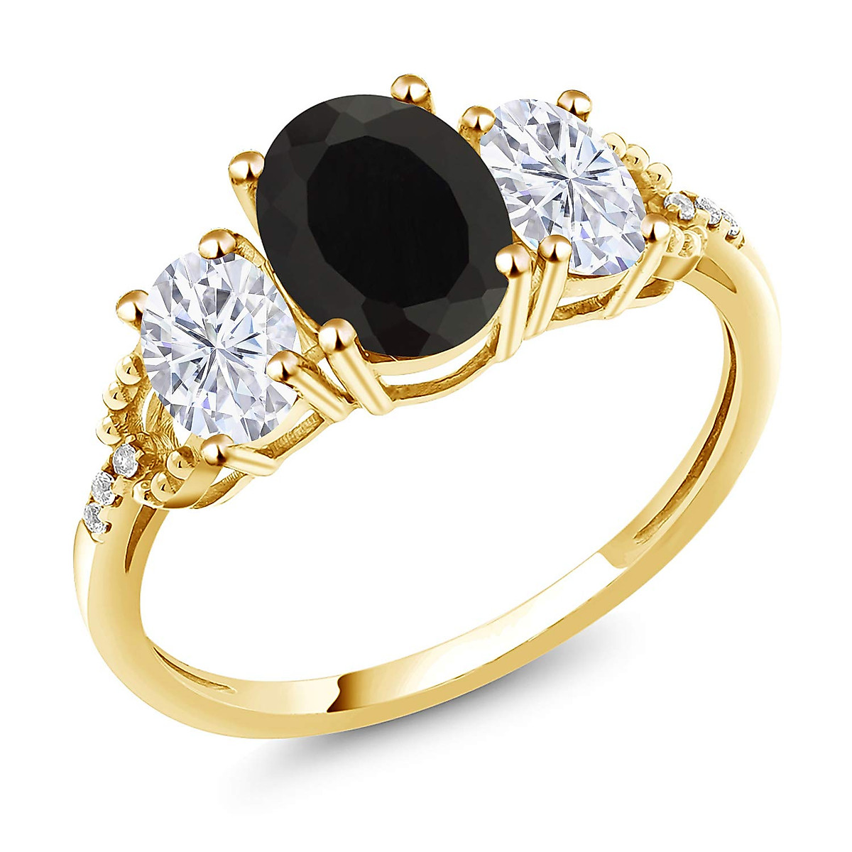 Gem Stone King 10K Yellow Gold Black Onyx White Moissanite and Diamond 3-Stone Engagement Ring | 2.64 Cttw | 3 Stone Wedding Anniversary Promise Ring For Women | Oval 8X6MM and 6X4MM (Size 7)