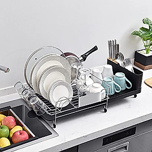 i-Home Drying Rack with Swivel Spout for Kitchen Counter or Sink, Expandable Dish Drainer Rack with Utensil Holder and Cup Holder (WK810439)