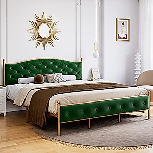 Senfot Queen Size Bed Frame Upholstered Platform Bed with Velvet and Button Tufted Headboard, Heavy Duty Metal Mattress Foundation and Wood Slats No Box Needed for Bedroom in Gold and Green