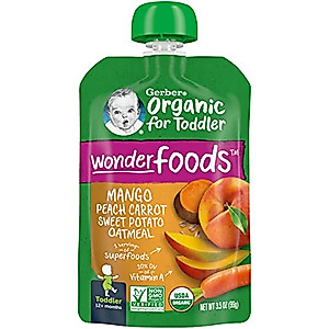 Gerber Organic for Toddler Wonder Foods Toddler Food Pouches, Mango Peach Carrot Sweet Potato Oatmeal, Organic & Non-GMO, 3.5 Ounce Pouches (Pack of 6)