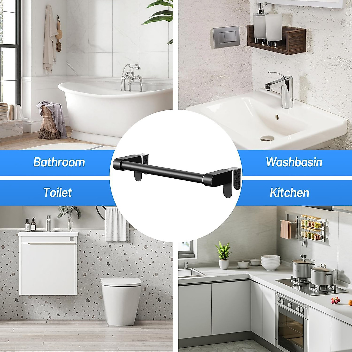 VEHHE Kitchen Towel Holder, Retractable Kitchen Towel Rack, Hooks Adjustable to Door Thickness, Dish Towel Holder with EVA Pad, Over The Door Towel Rack, L10.4~16.9 X W0~1.2 X H2.4 inches (Black)