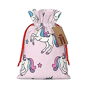 Drawstrings Christmas Gift Bags Cute-Unicorn-Star-Pink Presents Wrapping Bags Xmas Gift Wrapping Sacks Pouches Medium