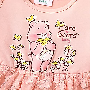 Care Bears Baby Girl Cotton Short-Sleeve Bear Print Spliced Embroidered Mesh Dress incarnadinepink 3-6 Months