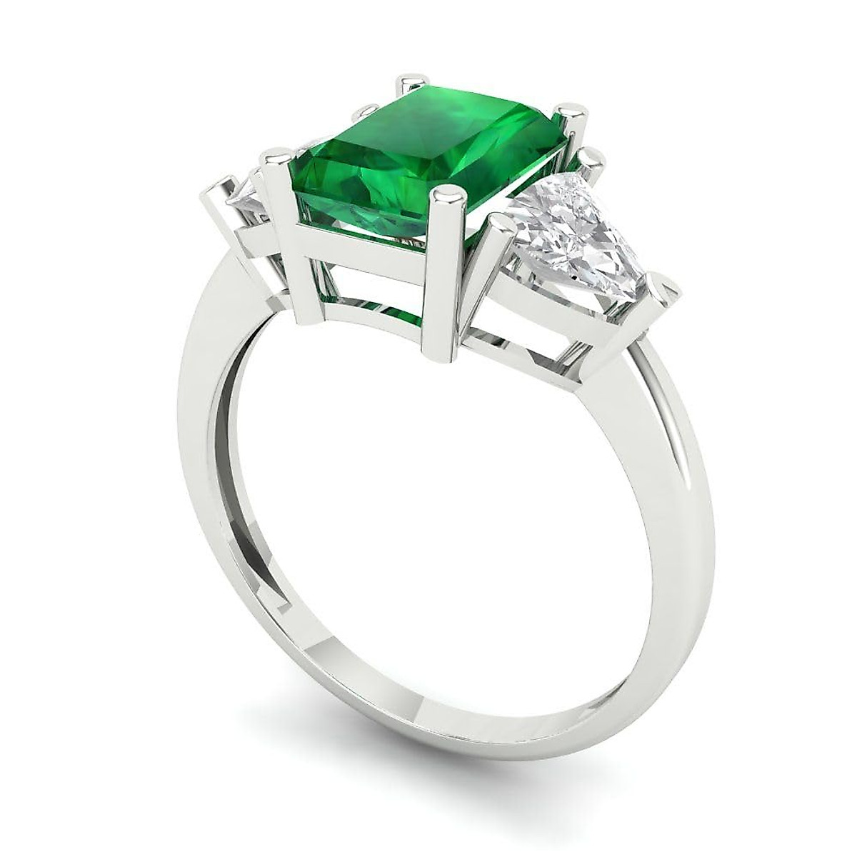 Clara Pucci 2.97ct Emerald Trillion cut 3 stone Solitaire Green Emerald designer Modern Statement Ring 14k White Gold Size 8.5