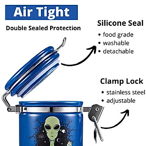 Alien Smell Proof Jar Half Oz (250ml), Separate Space for Humidity Pack To Keep Herbs Fresh For Months - Ceramic Smell Proof Containers, ET Stash Jar with Clamp Lid - Double Sealed Airtight Jar - Blue