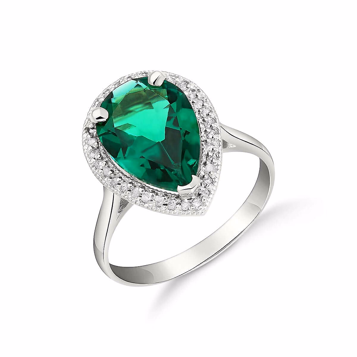 Galaxy Gold GG 3.16 Carat Total Weight 14K Solid White Gold Emerald with Natural Diamonds Halo Ring Brilliant Pear Tear Drop Shape Cut and Round Diamonds (6.5)