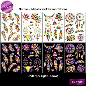 Neon Metallic Gold Temporary Tattoos Glow In The Dark UV Neon Tattoos Stickers 80 Glitter Styles Mandalas Feather Elephants Horns Party Decoration for Adults Kids