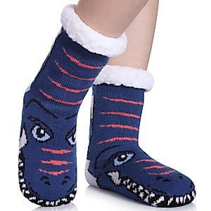 FNOVCO Kids Fuzzy Slipper Socks Toddler Boys Girls Soft Thick Cozy Fluffy Grips Socks Warm Fleece Lined Winter Indoor Non Slip Socks (8-12 Years, Blue Shark)
