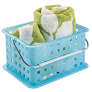 iDesign Plastic Storage Organizer Basket with Handle for Bathroom, Health, Cosmetics, Hair Supplies and Beauty Products, 5.3" x 8.8" x 6.9", Azure