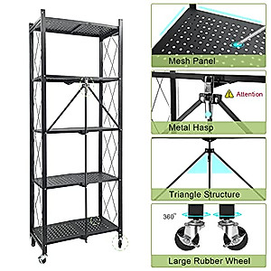 5-Shelf Foldable Storage Shelves with Wheels, Large Capacity Shelving Unit, Freestanding Metal Wire Shelf Rack, No Assembly Organizer Rack for Garage Kitchen, Basement, Pantry, Heavy Duty