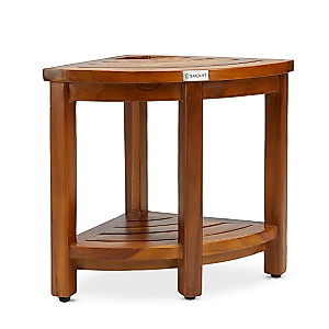 TeakCraft Teak Corner Bench with Shelf and Basket, Fully Assembled, 16 Inch, The Loki