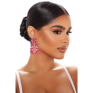 Hot Pink Rhinestone Rectangle Dangle Earrings Trendy Sparkly Crystal Geometric Drop Statement Earrings hypoallergenic for Women