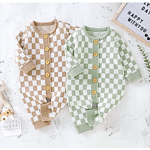 SAYOO Unisex Baby Girl Boy Knitted Romper Jumpsuit Checkerboard Plaid One Piece Button Down Sweater Playsuit Clothes (Camel, 0-3 Months)