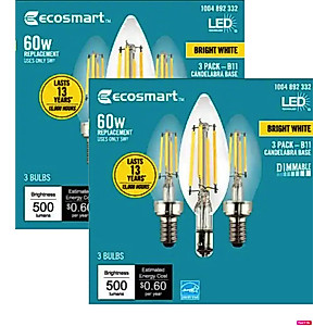 EcoSmart 60-Watt Equivalent B11 Dimmable Energy Star Clear Glass Filament LED Vintage Edison Light Bulb Bright White (6-Pack)